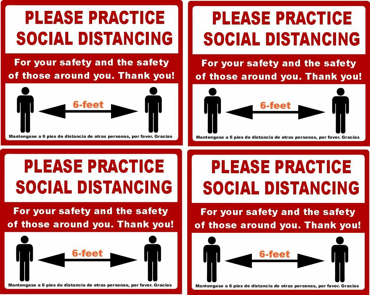 SOCIAL DISTANCING STICKERS 4 PACK of English & Spanish 4x5 Sign Busine ...